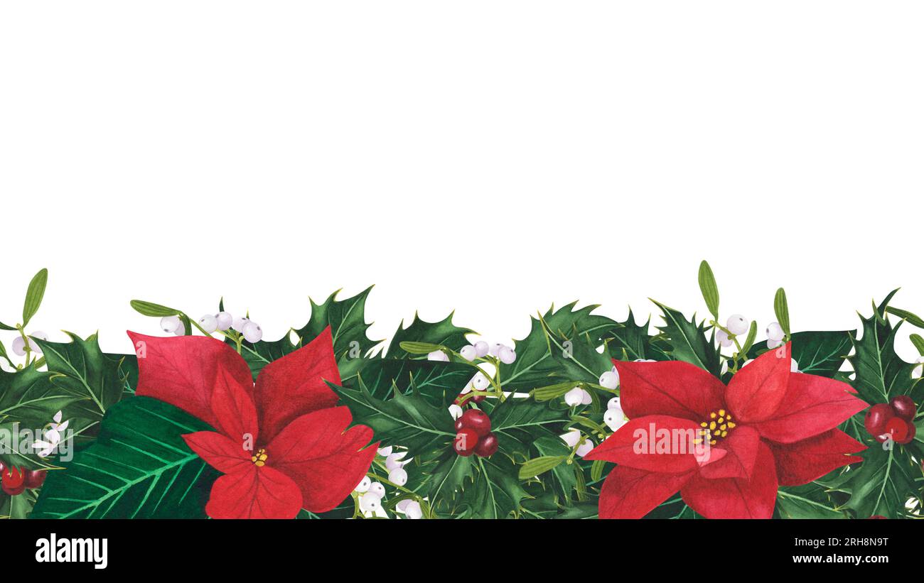 Seamless Border garland with Christmas holly leaves berries, poinsettia ...