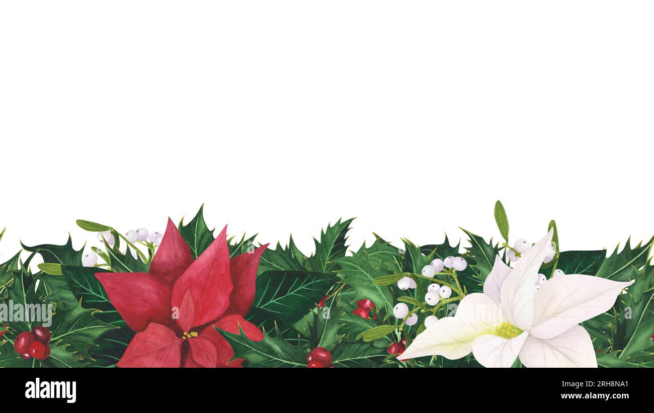 Seamless Border garland with Christmas holly leaves berries, poinsettia ...