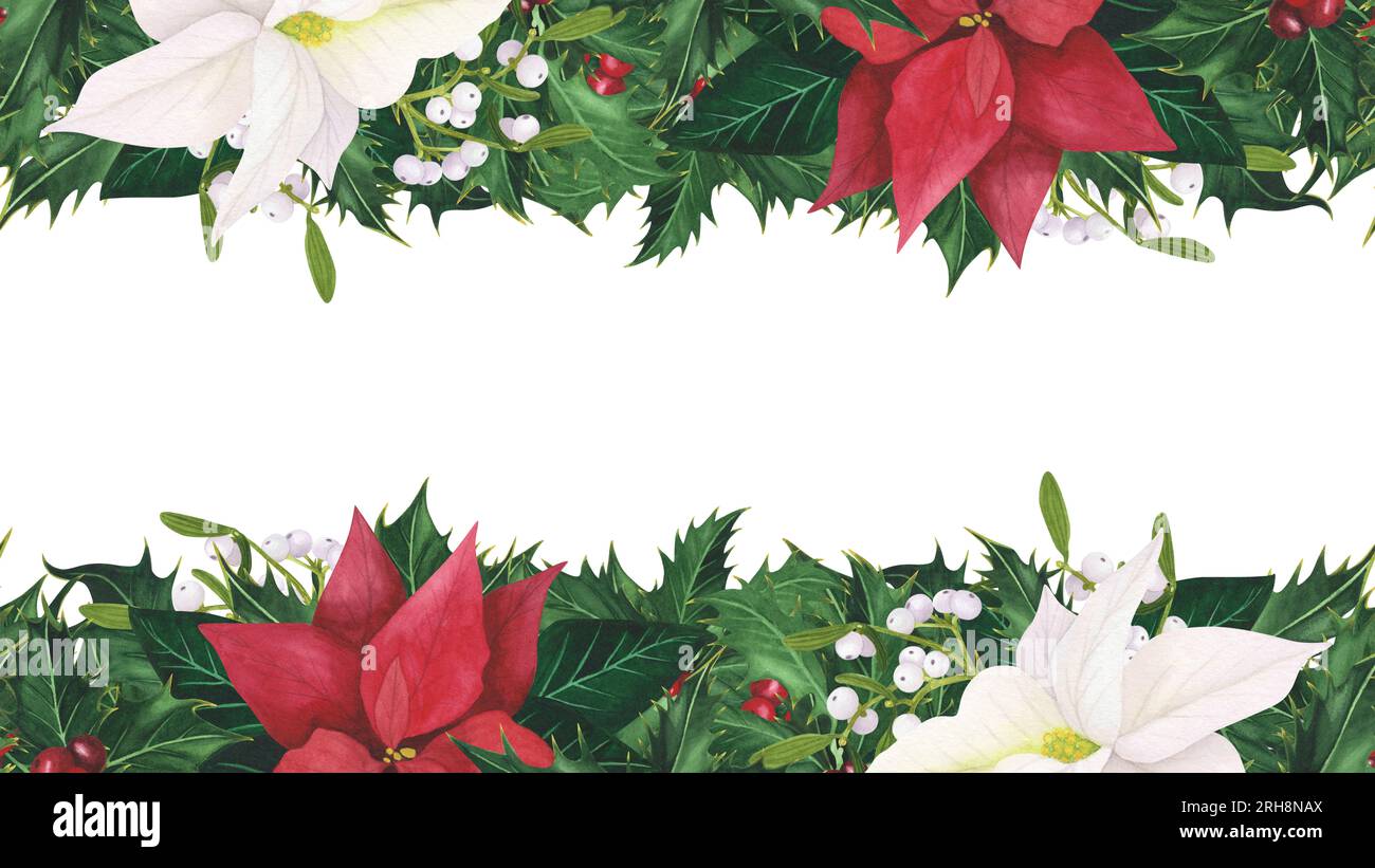 Seamless Border garland with Christmas holly leaves berries, poinsettia ...