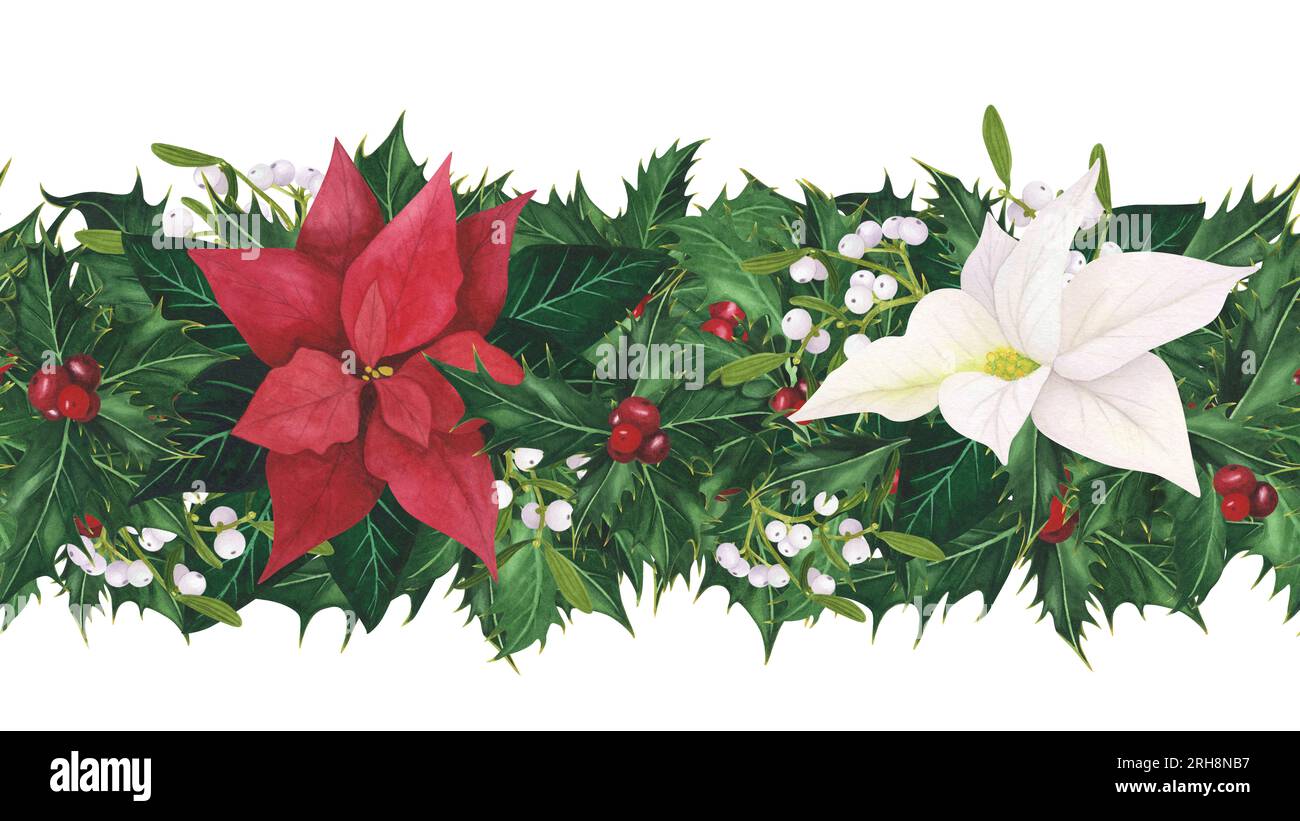 Seamless Border garland with Christmas holly leaves berries, poinsettia ...