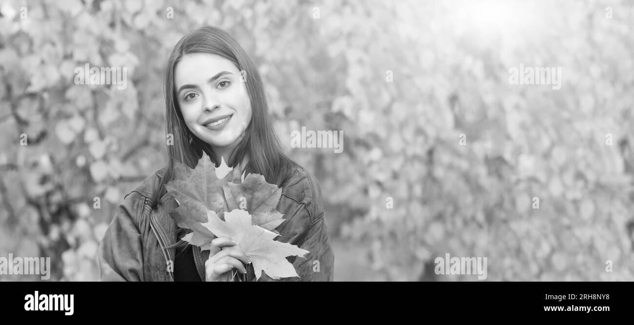 Autumn fall woman banner with copy space. happy lady in hat with autumn ...