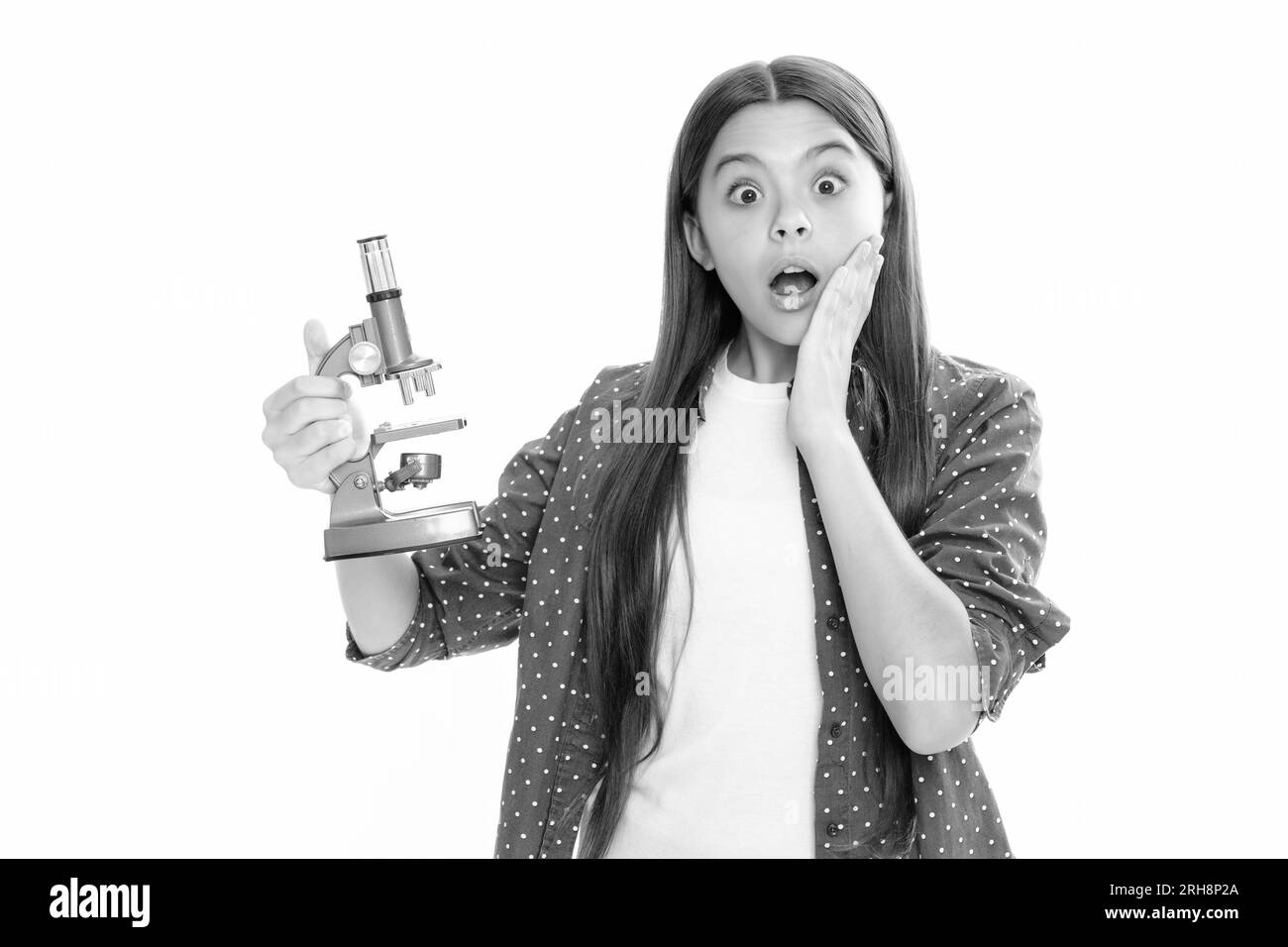 Teenager school girl with microscope for school education on white ...