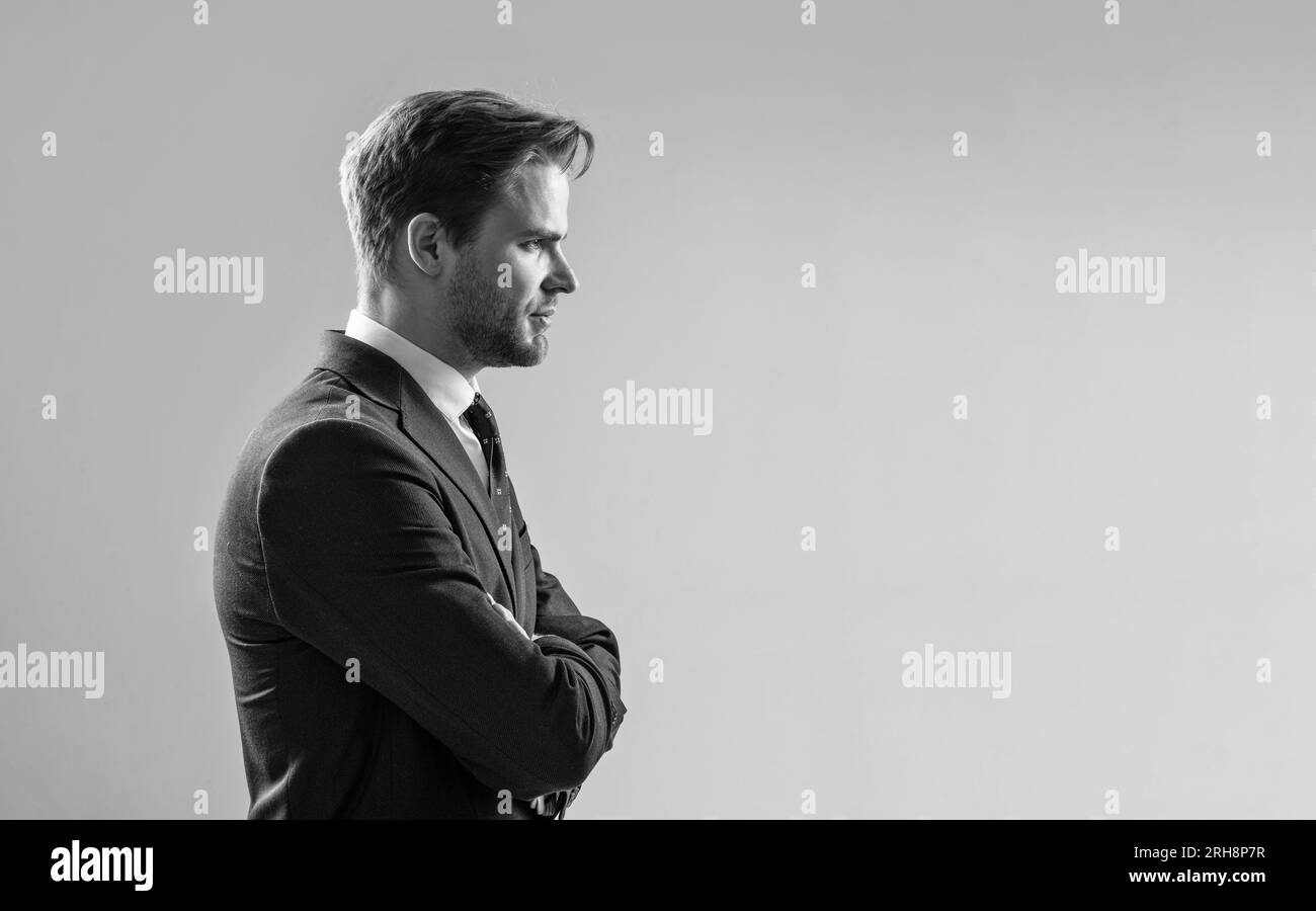 Boost your confidence. Confident guy sideway grey background ...