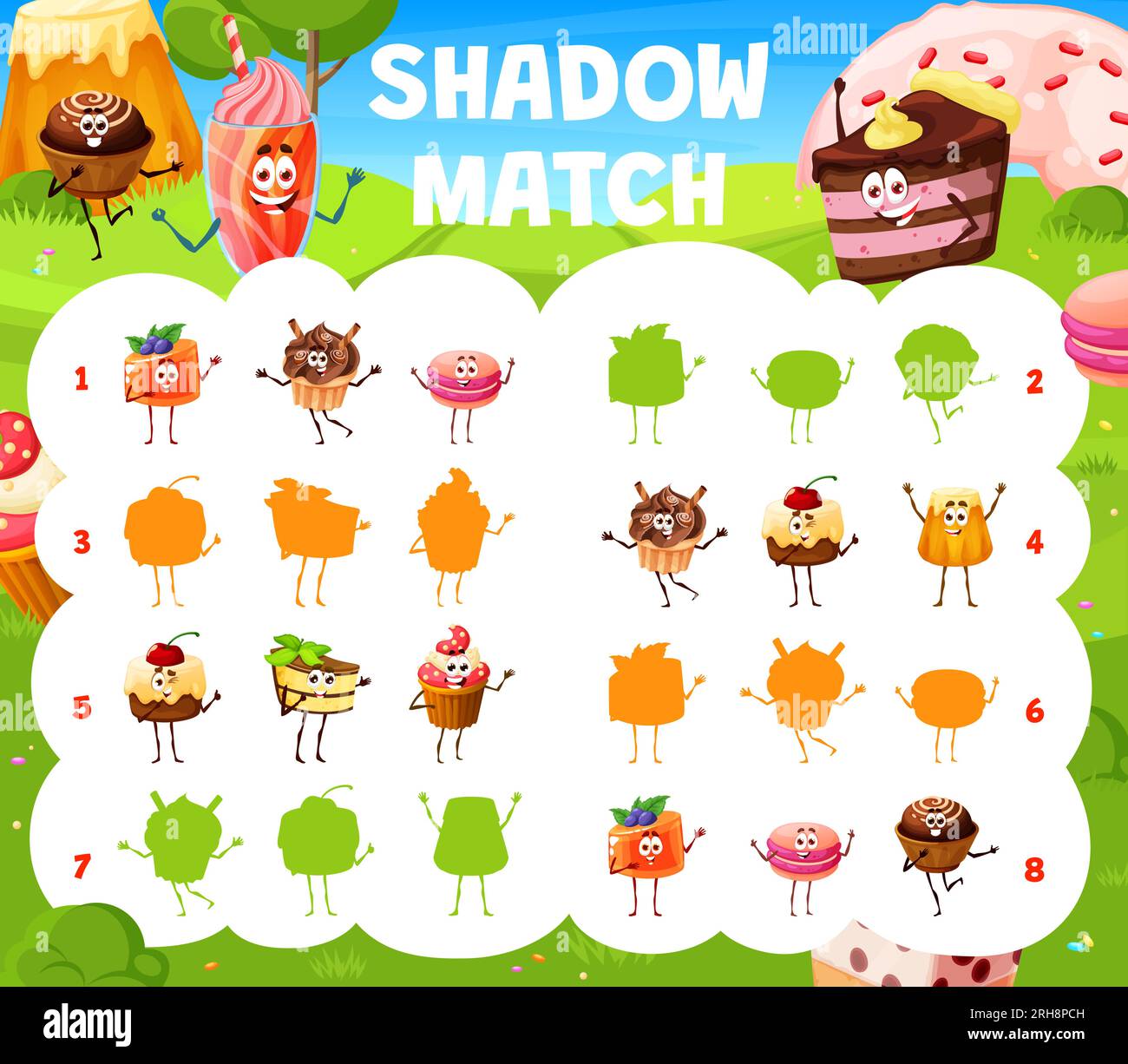 Find the shadow match of cartoon candy, pastry and cake characters ...