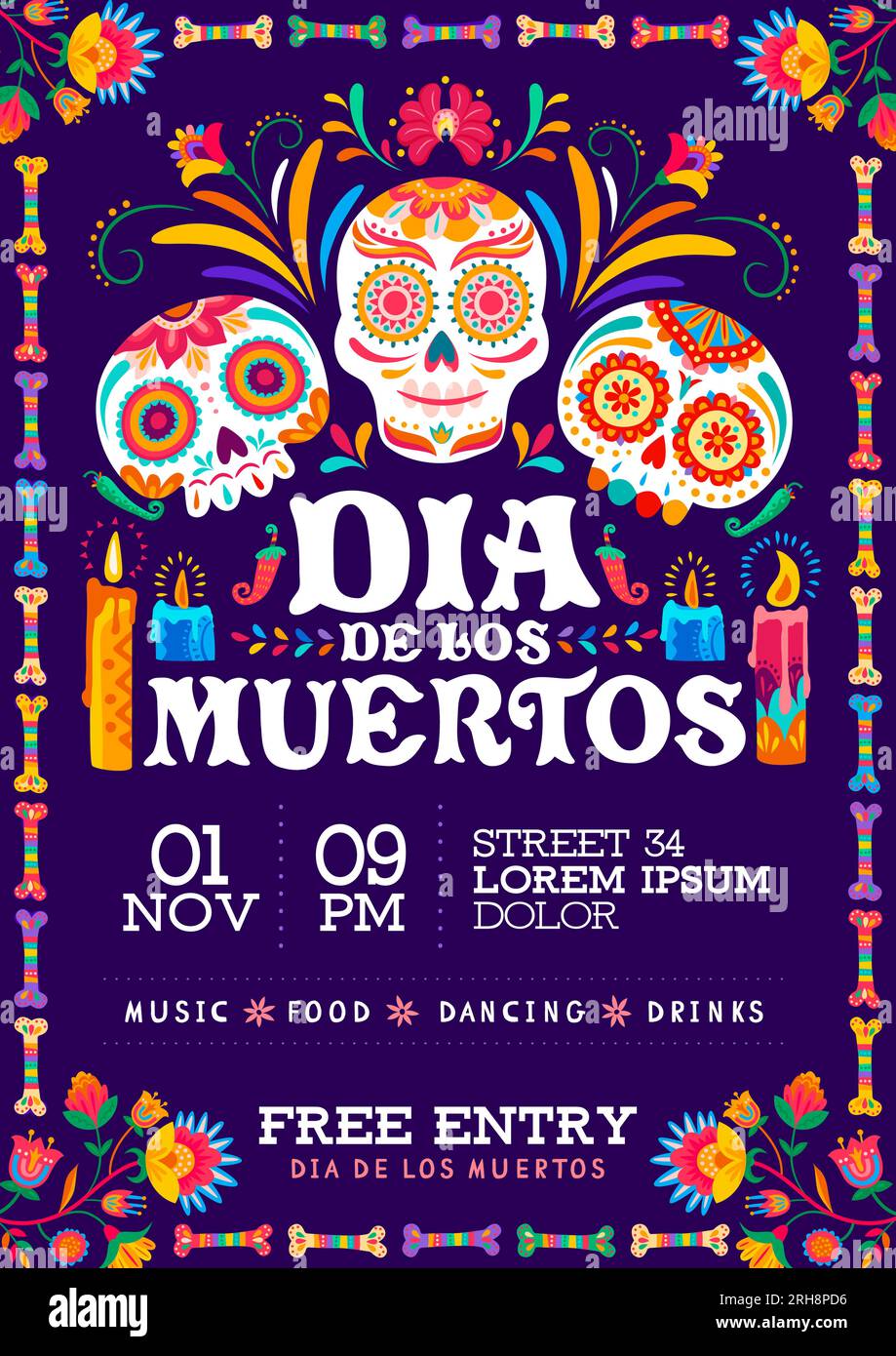 Dia de los muertos party flyer. Day of the dead mexican holiday. Vector ...