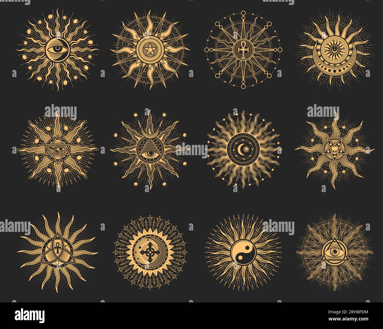 Sun and eye esoteric occult pentagram, magic tarot signs and occult ...