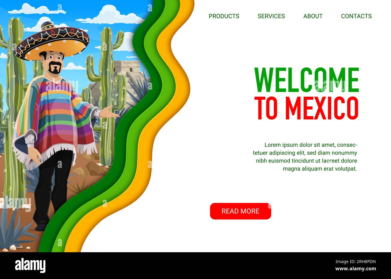 Travel landing page with mexican pyramids, cactuses and national ...