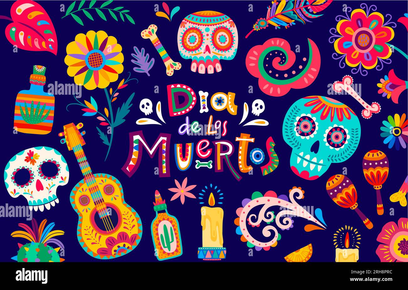Dia de los muertos banner with mexican sugar calavera skulls, tropical ...