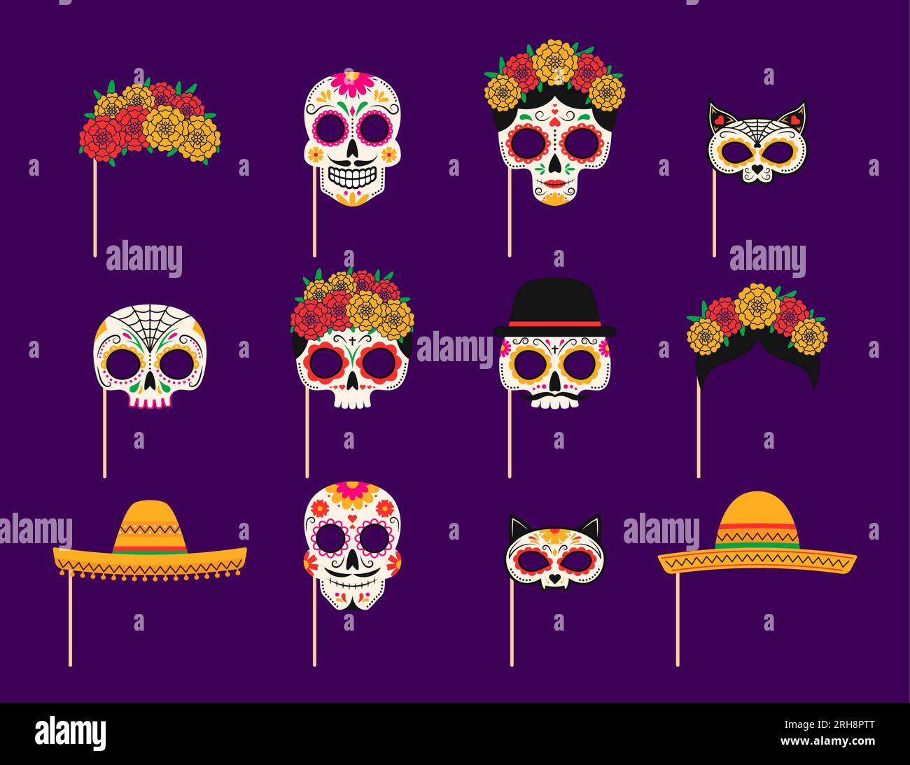 Mexican day of dead photo booth masks with props. Dia de los muertos ...
