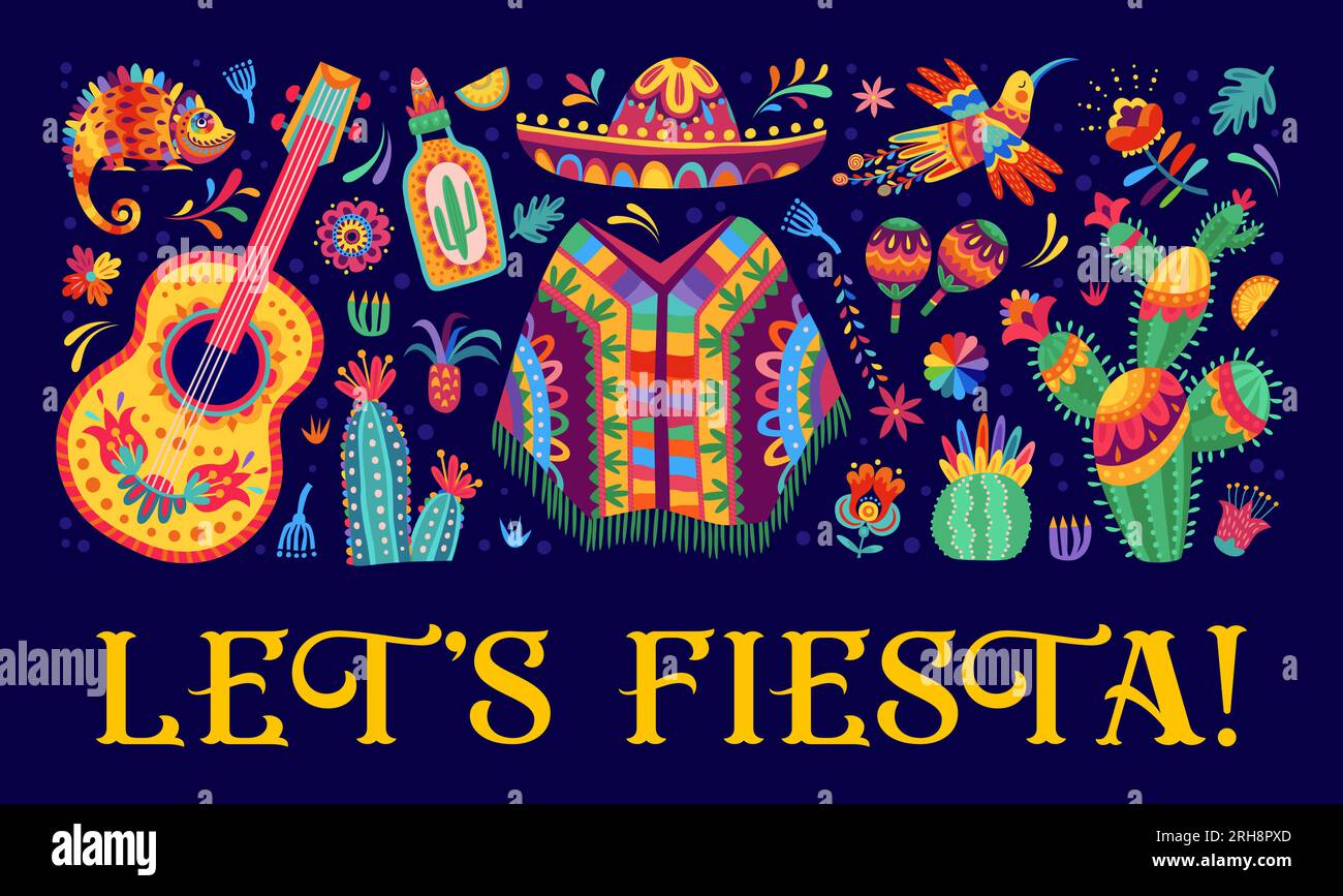 Mexican Fiesta Party Banner With Poncho Sombrero Tequila Cactuses