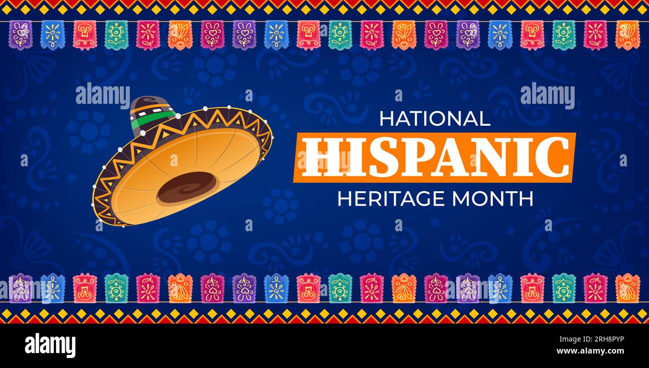 Papel picado flags and sombrero on national hispanic heritage month festival banner. Vector ...