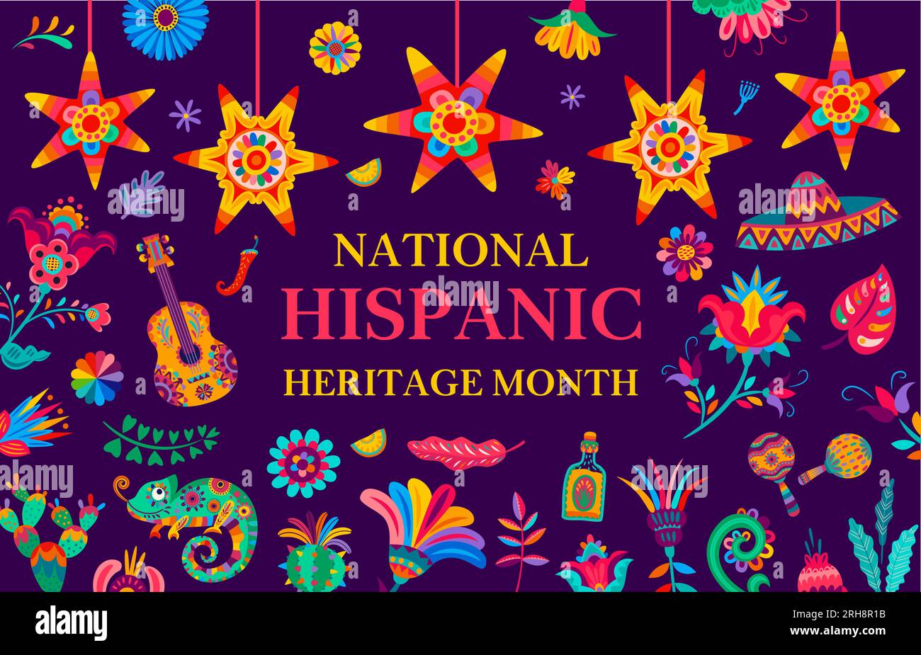 National hispanic heritage month festival banner with pinatas and tropical flowers, guitar ...