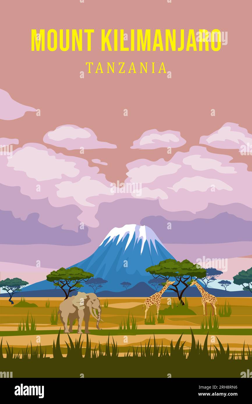 Travel poster Africa savanna sunset Kilimanjaro Tanzania Stock Vector ...