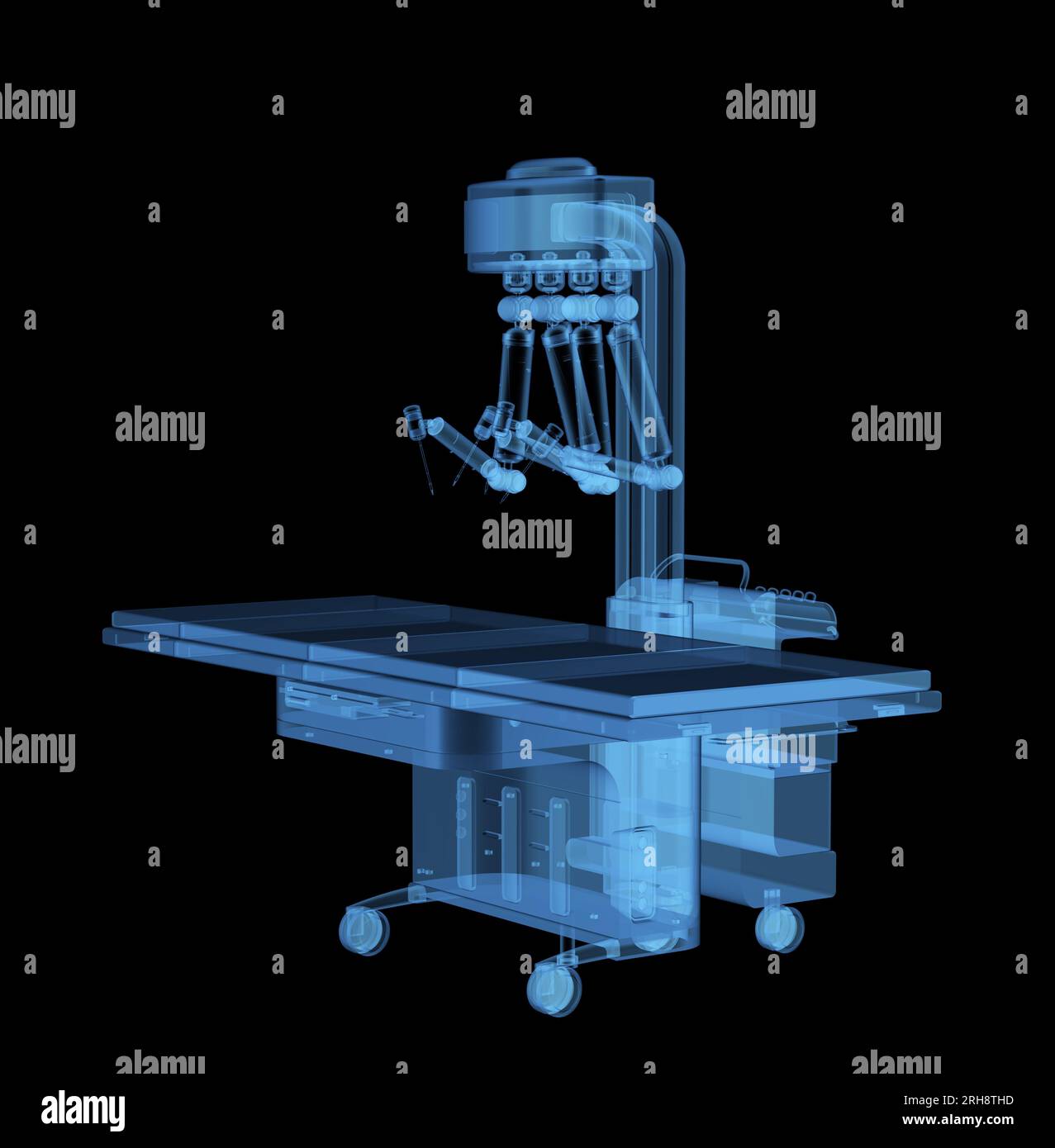 3d rendering x-ray robotic assisted surgery with empty bed isolated on ...