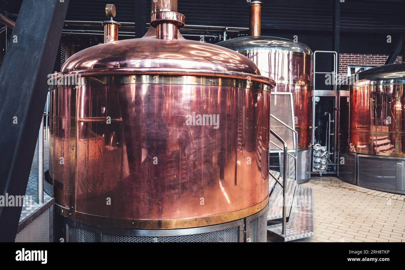 Equipment for beer preparation. Mini craft brewery factory. Copper ...