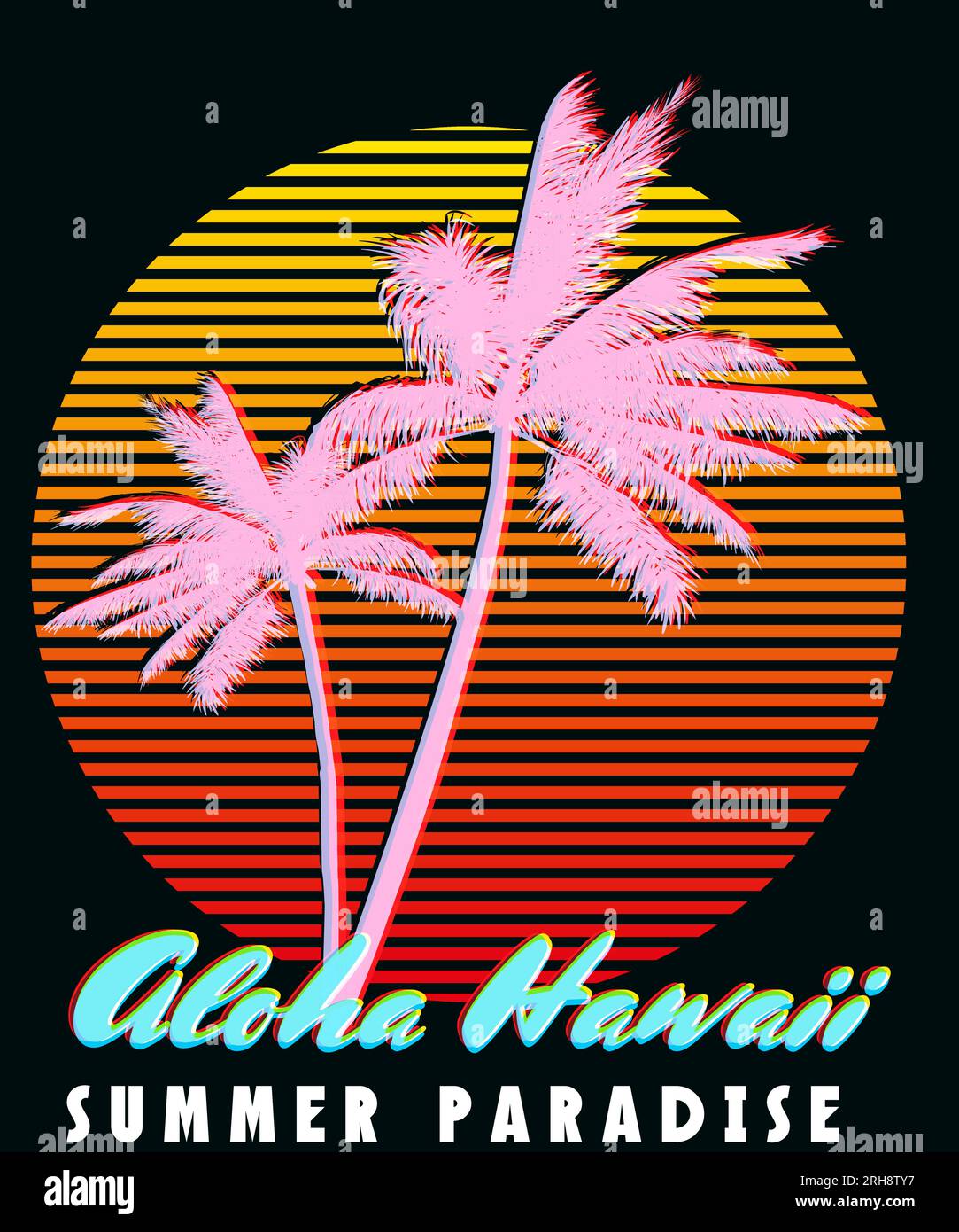 Aloha Hawaii sunset print. Poster retro palm tree silhouettes Stock ...