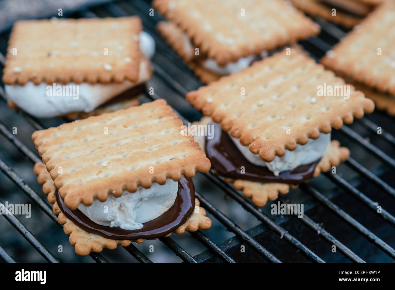 Toasted Smores with marshmallows and chocolate on the grill Stock Photo ...