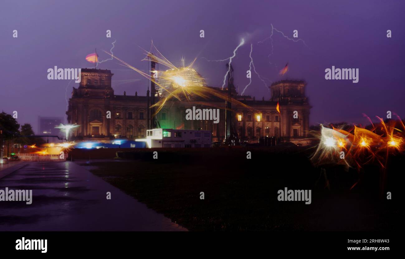 Berlin, Germany. 15th Aug, 2023. Thunderstorm lightning can be seen ...