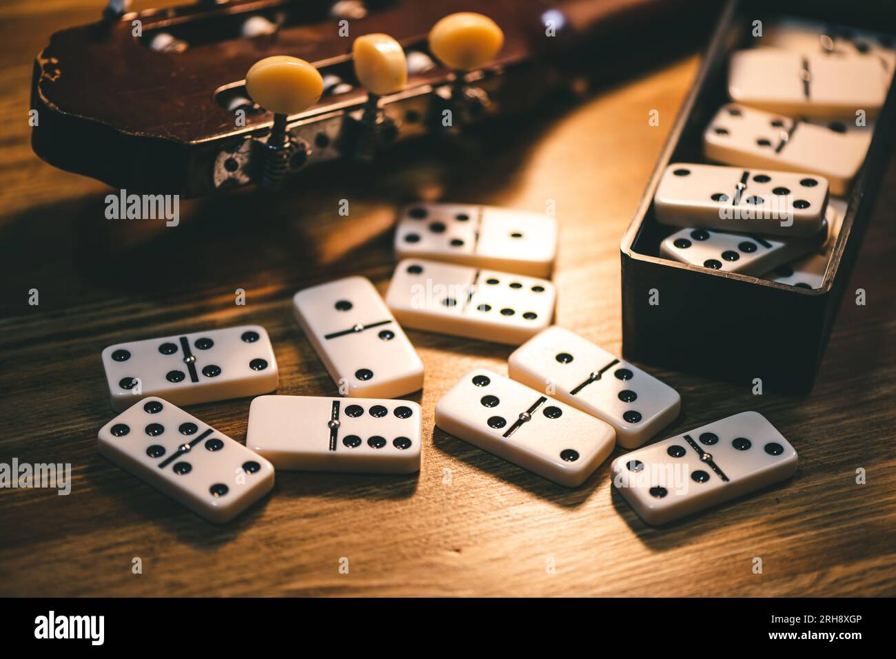Close up Domino tiles on the table. Dominoes is one of the most famous ...