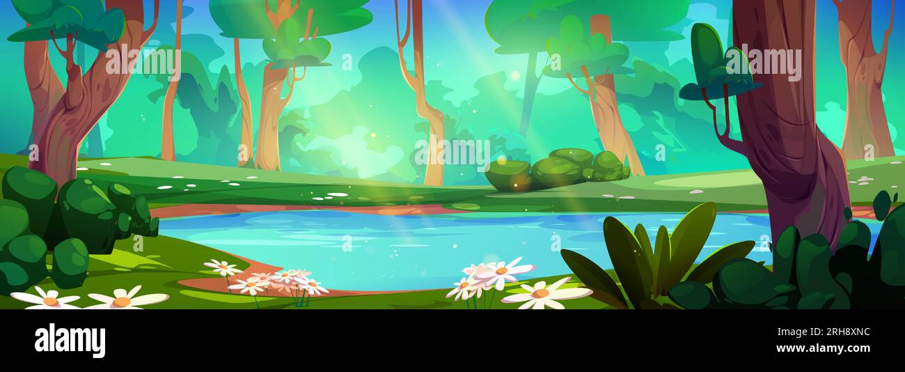 Summer forest lake landscape background scene. Green grass valley ...