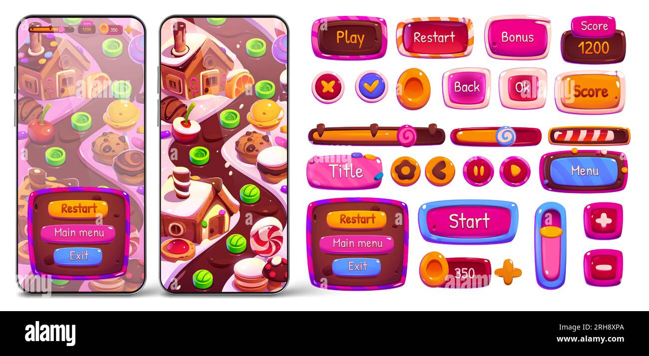 Candy land mobile game design elements isolated on white background ...