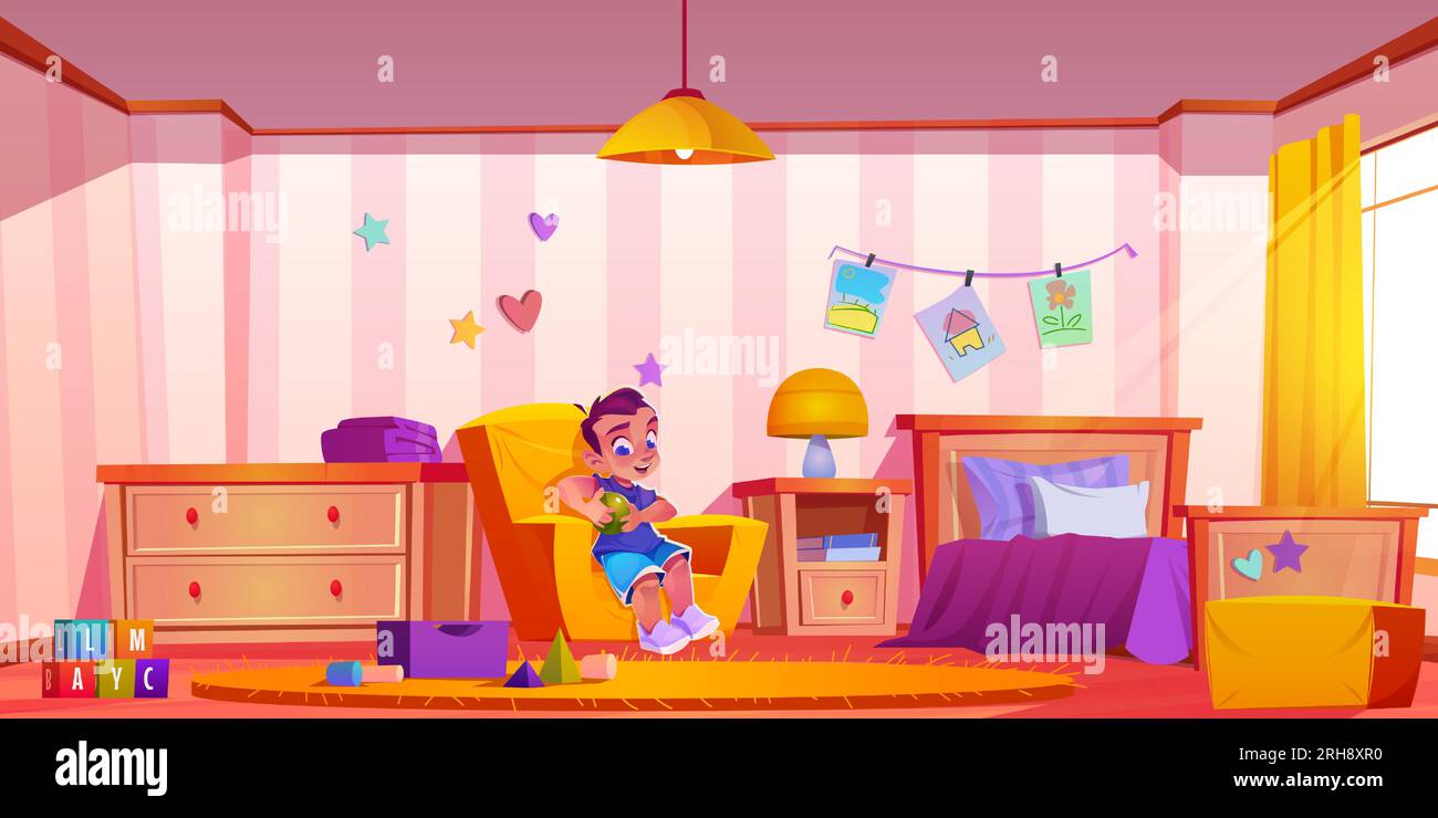 Kids room interior with furniture and toys cartoon vector illustration ...