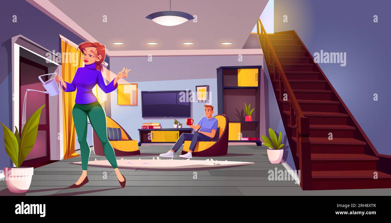 House living room interior with stairs and couple cartoon vector ...