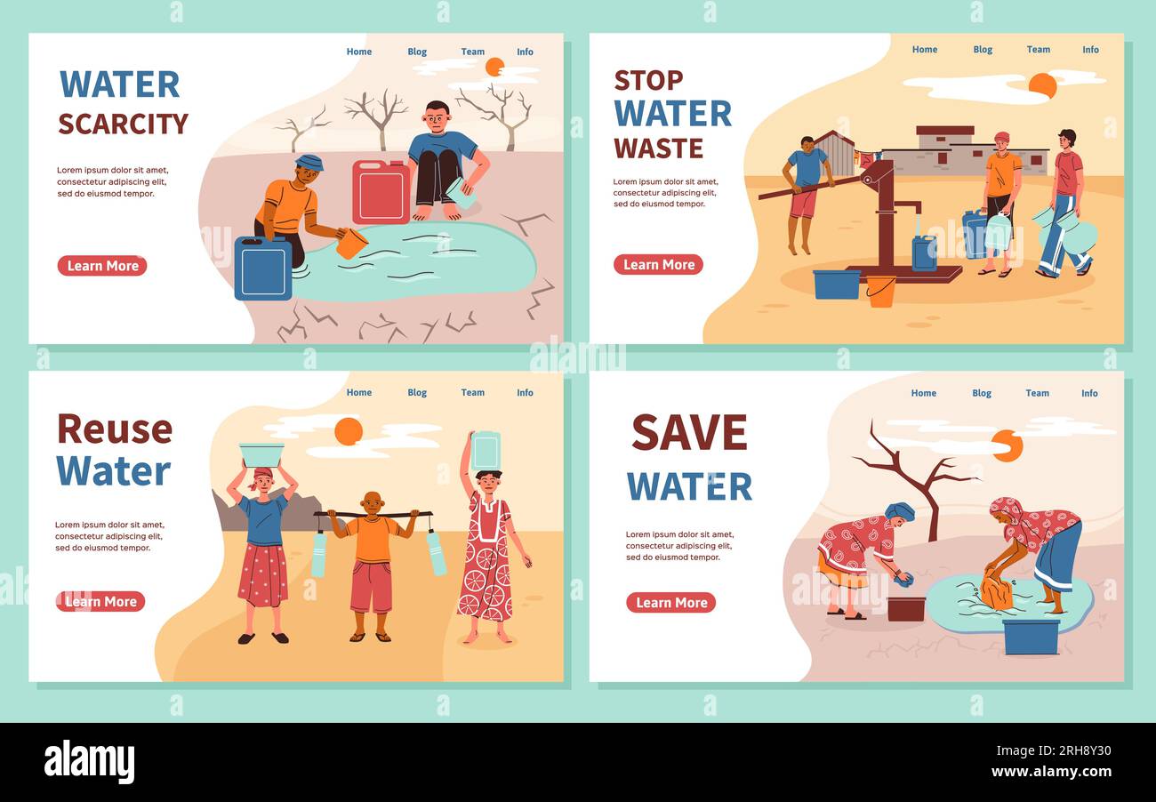 Water scarcity flat web sites set with isolated landing pages editable ...