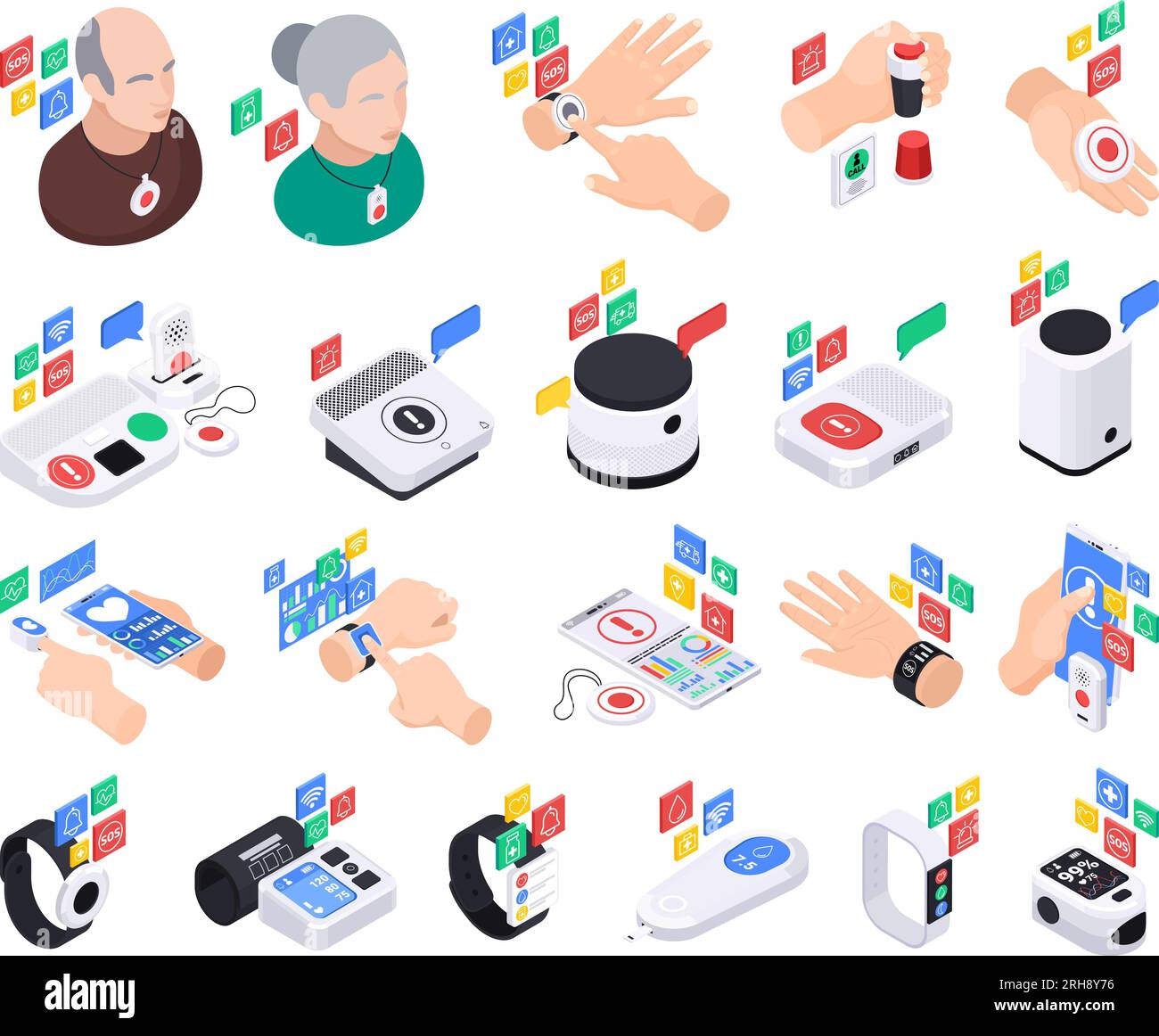 Senior medical emergency alert systems service isometric set of ...