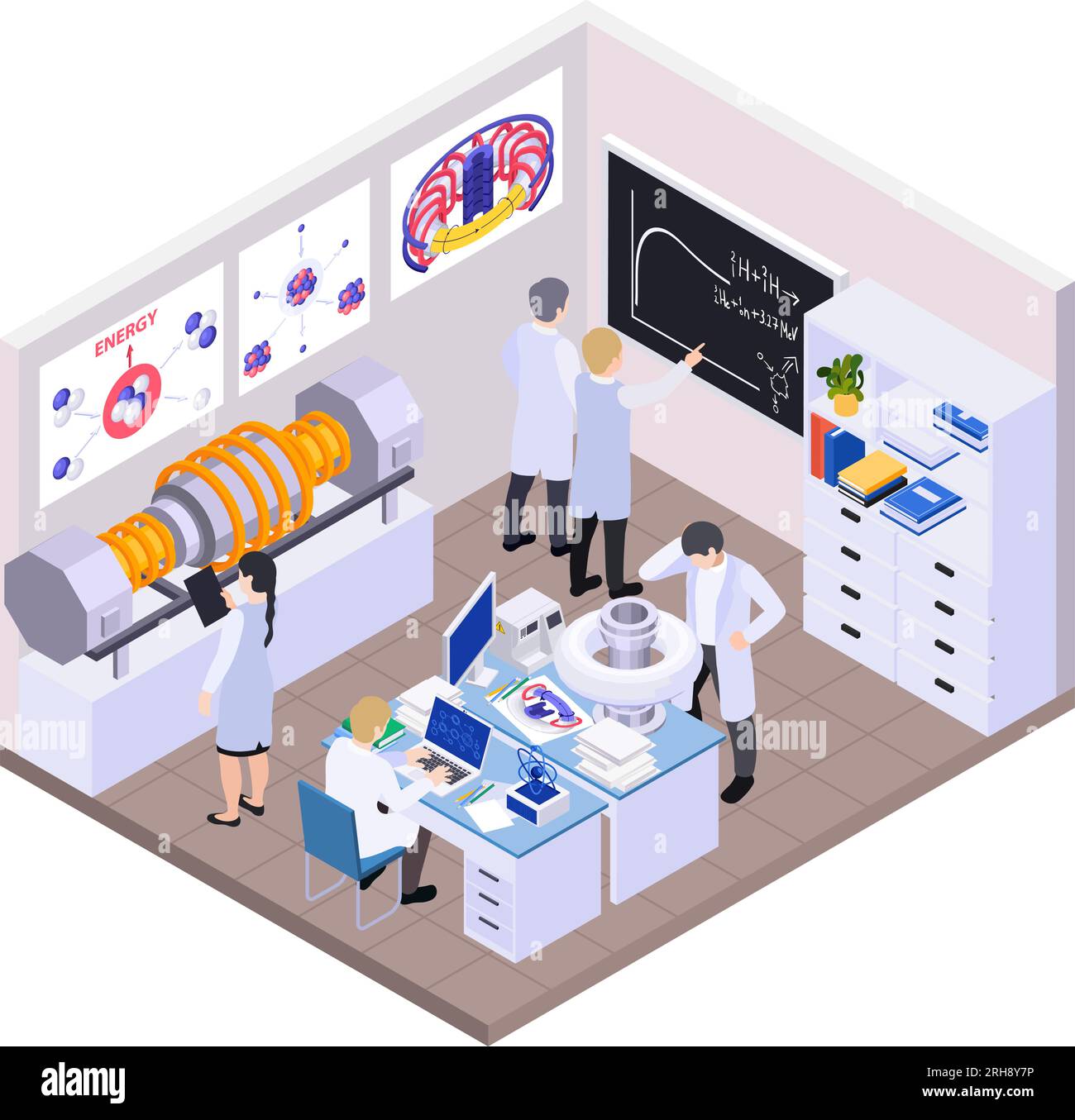 Nuclear energy fusion fission isometric composition with isolated view of laboratory room with ...