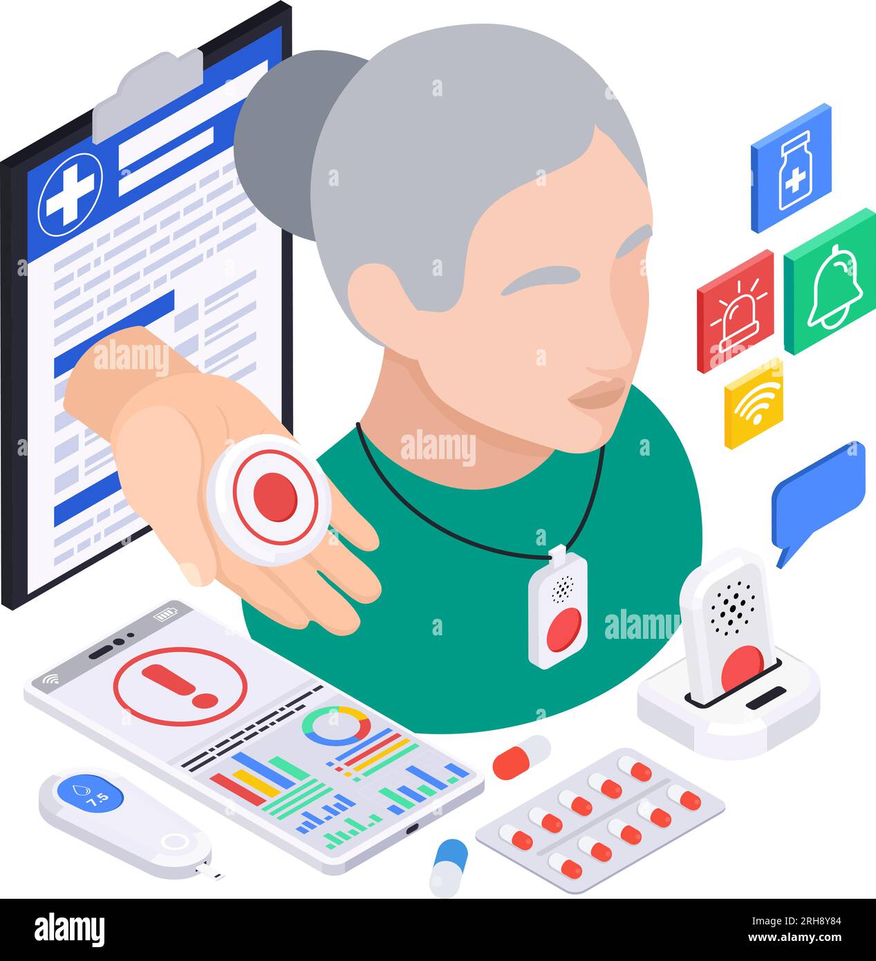 Senior medical emergency alert systems service isometric composition ...