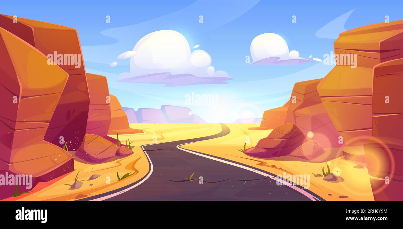 Desert road among canyon cartoon vector illustration. Empty highway ...