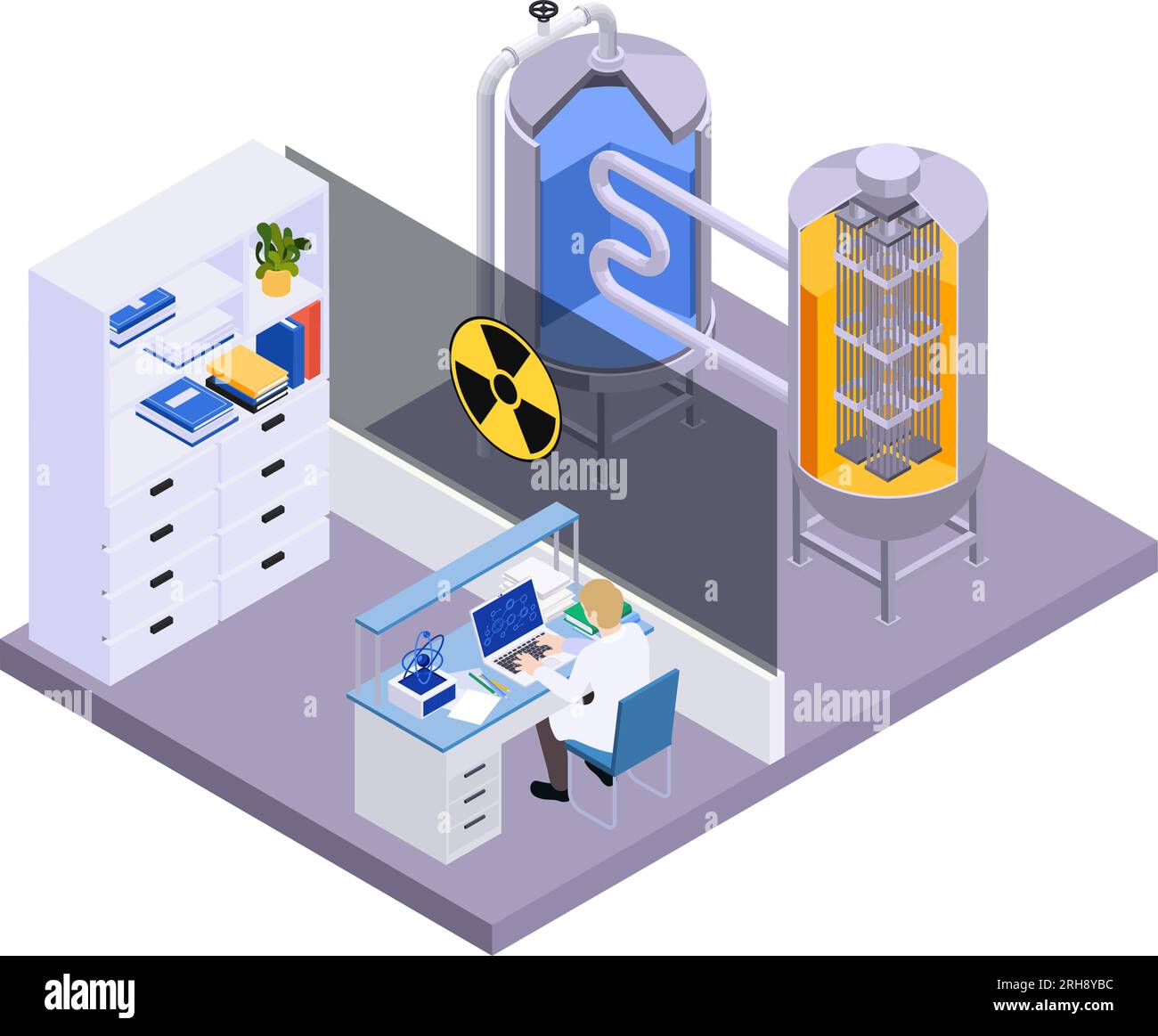 Nuclear energy fusion fission isometric composition with isolated view of laboratory workplace ...