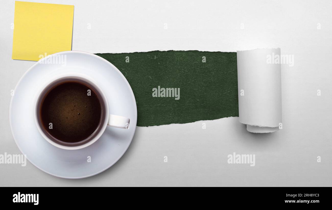 Cup of coffee with empty paper on torn paper background. International ...
