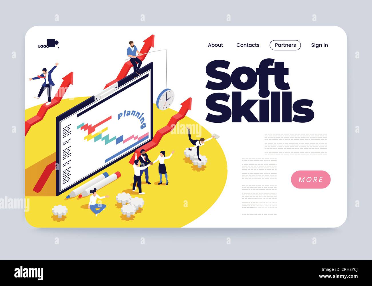 Soft skills isometric horizontal web banner with people creating strategic plan vector ...