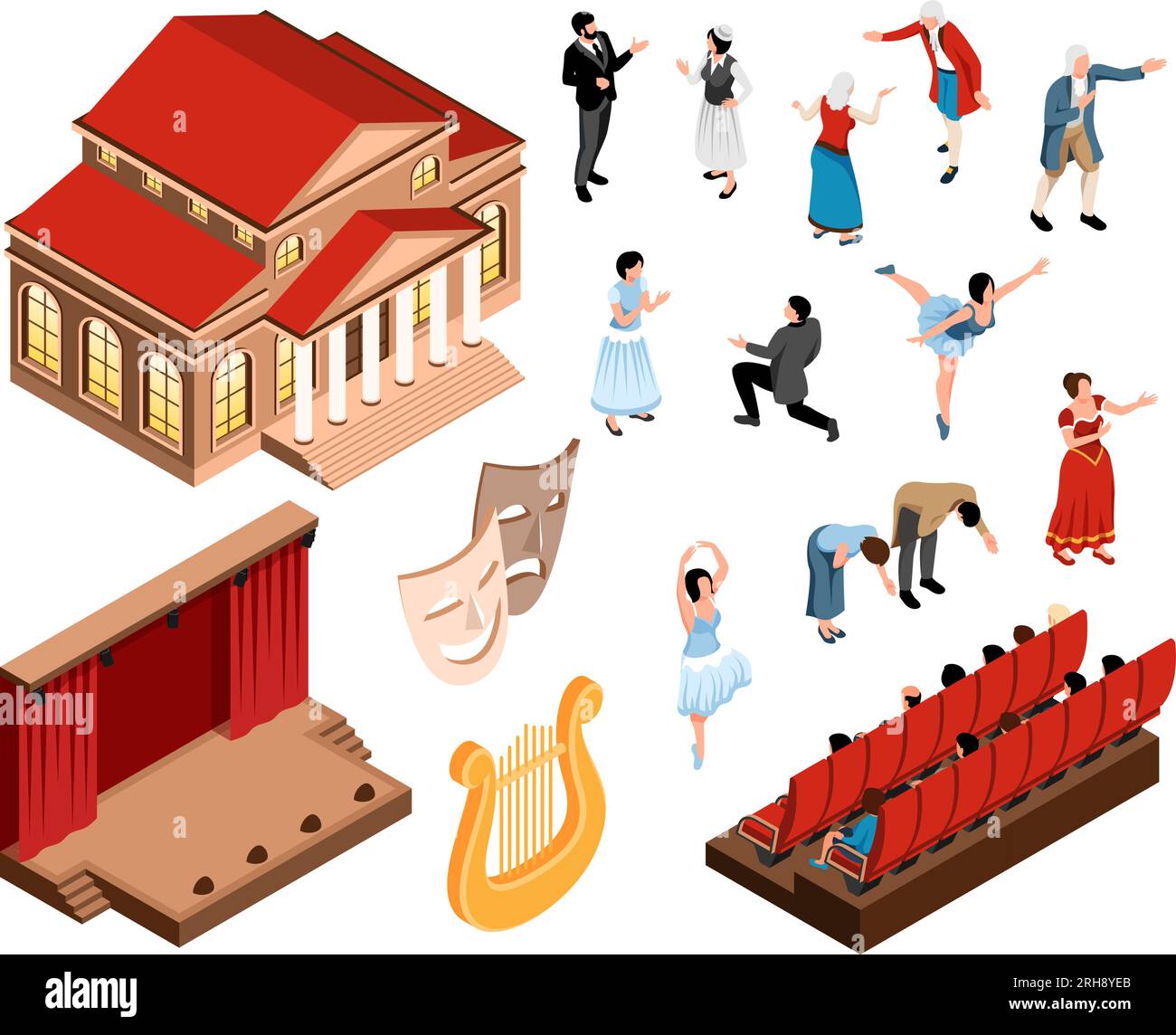 Theater isometric color set of playing actors dancers spectators stage ...