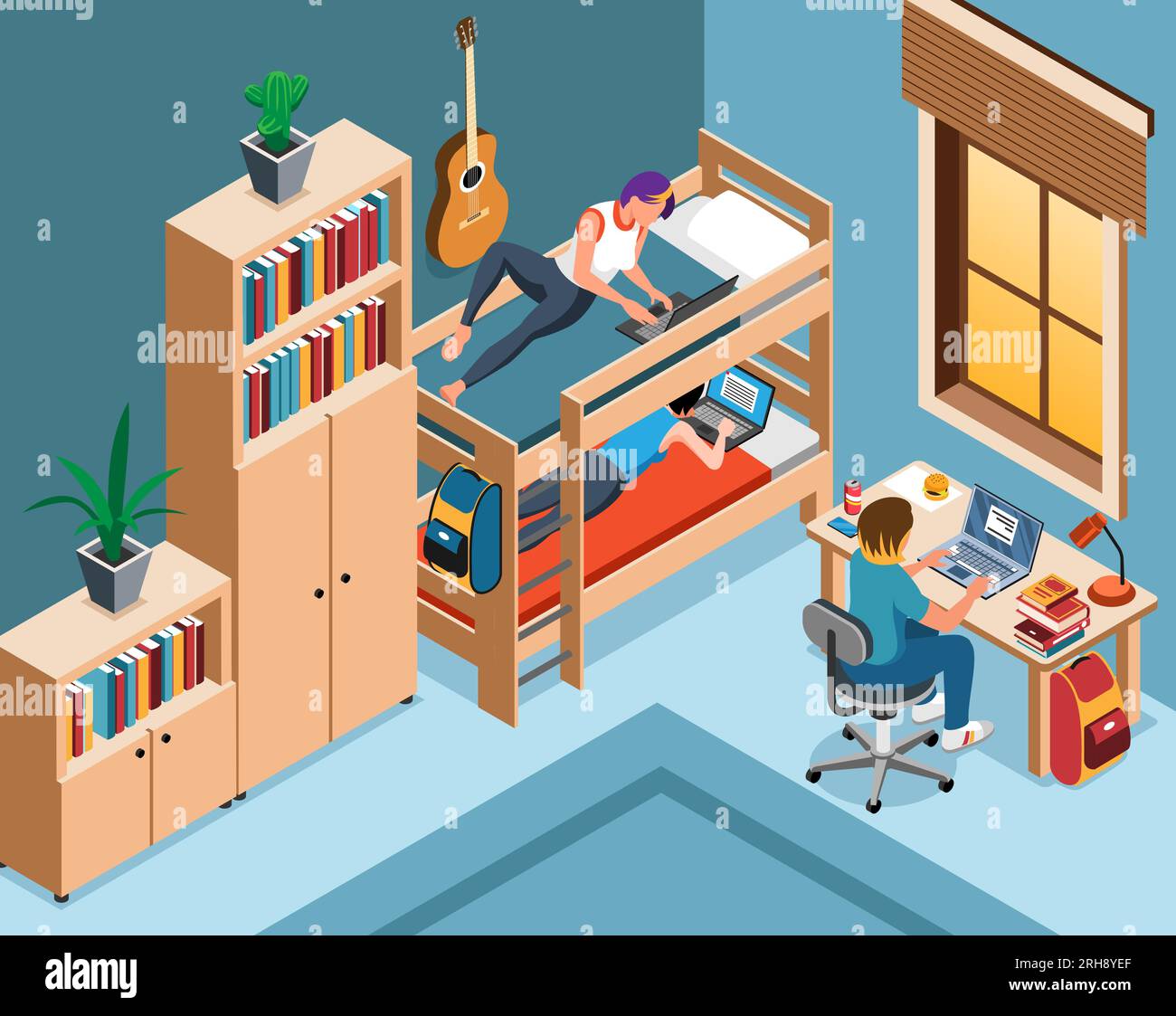 Student dormitory living room isometric background with neighbors ...