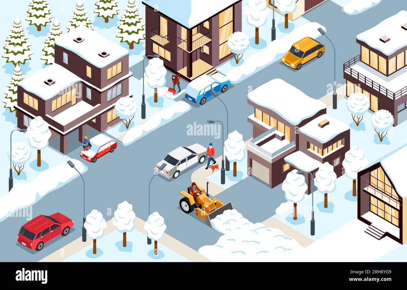 Winter city isometric fragment with houses cars and snow removal ...