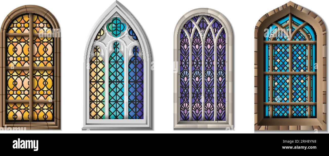 Stained glass mosaic church temple cathedral windows realistic set with ...
