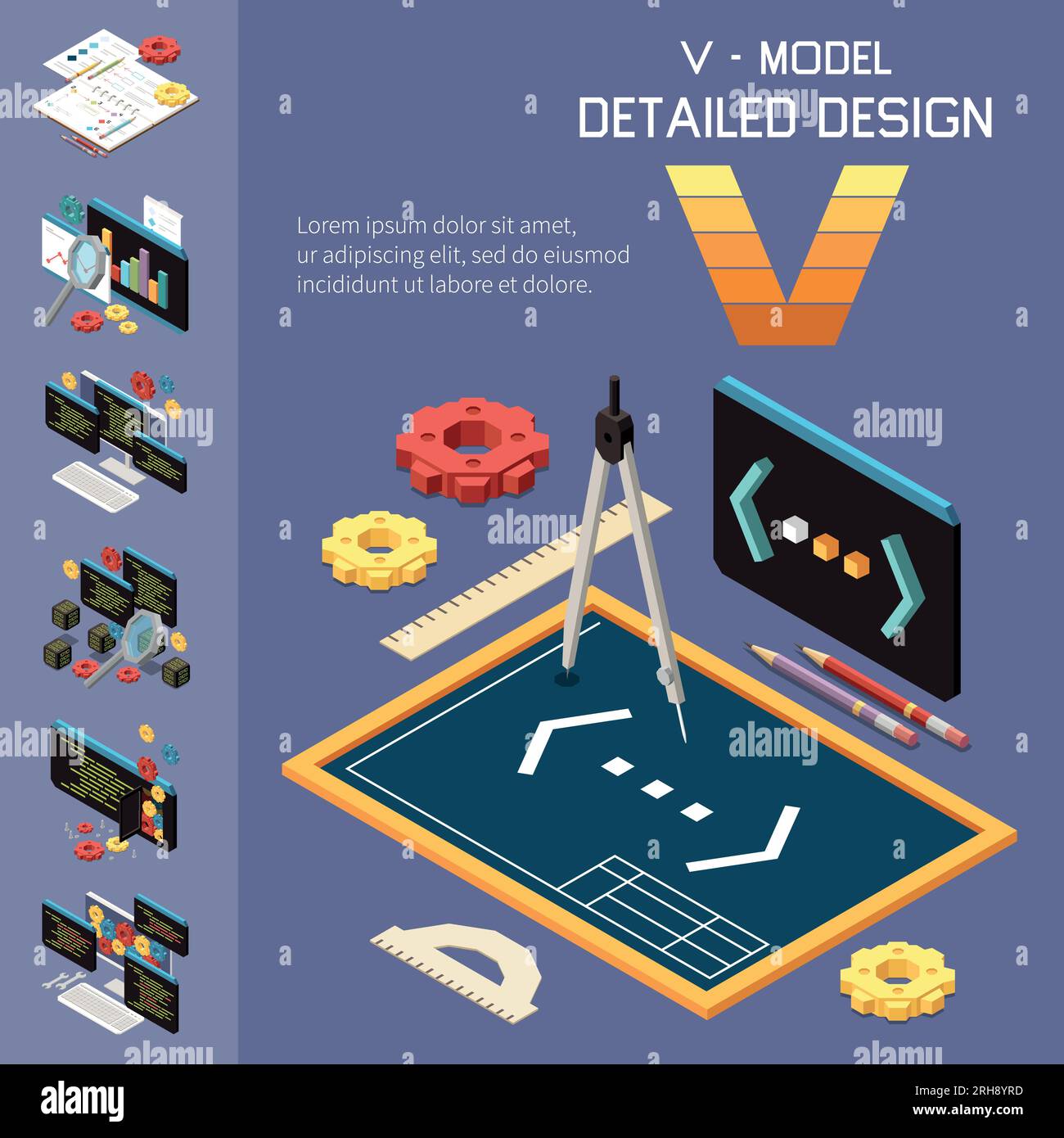 V model software development isometric composition with gear icons code screens computer ...