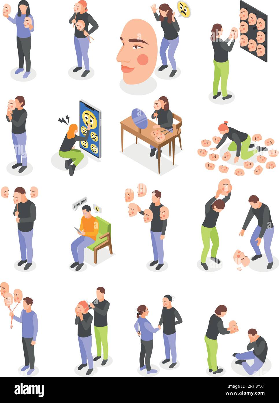 People wearing social masks disguising real emotions isometric icons ...