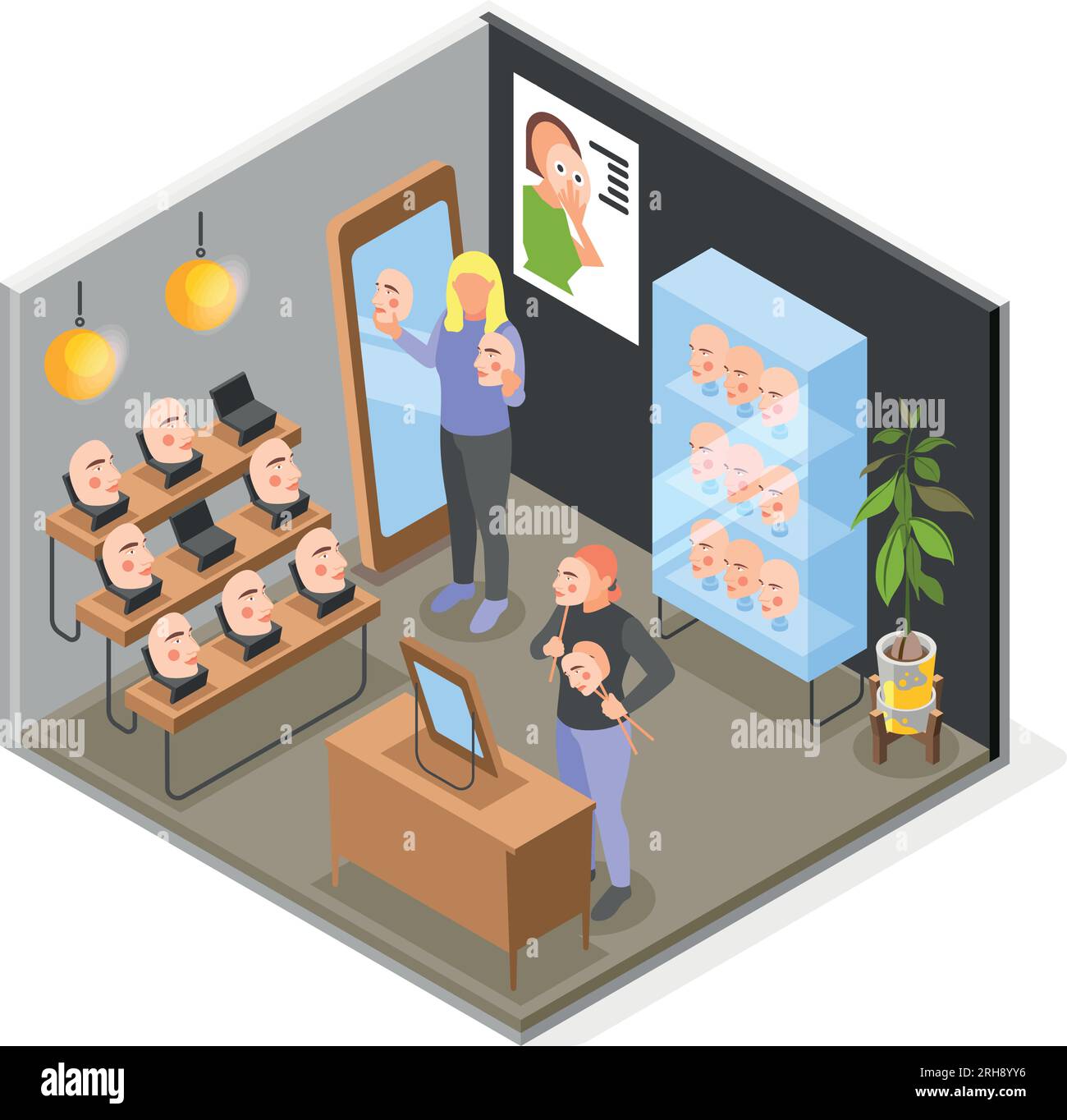 Women choosing and trying on facial social masks to hide real feelings isometric composition ...