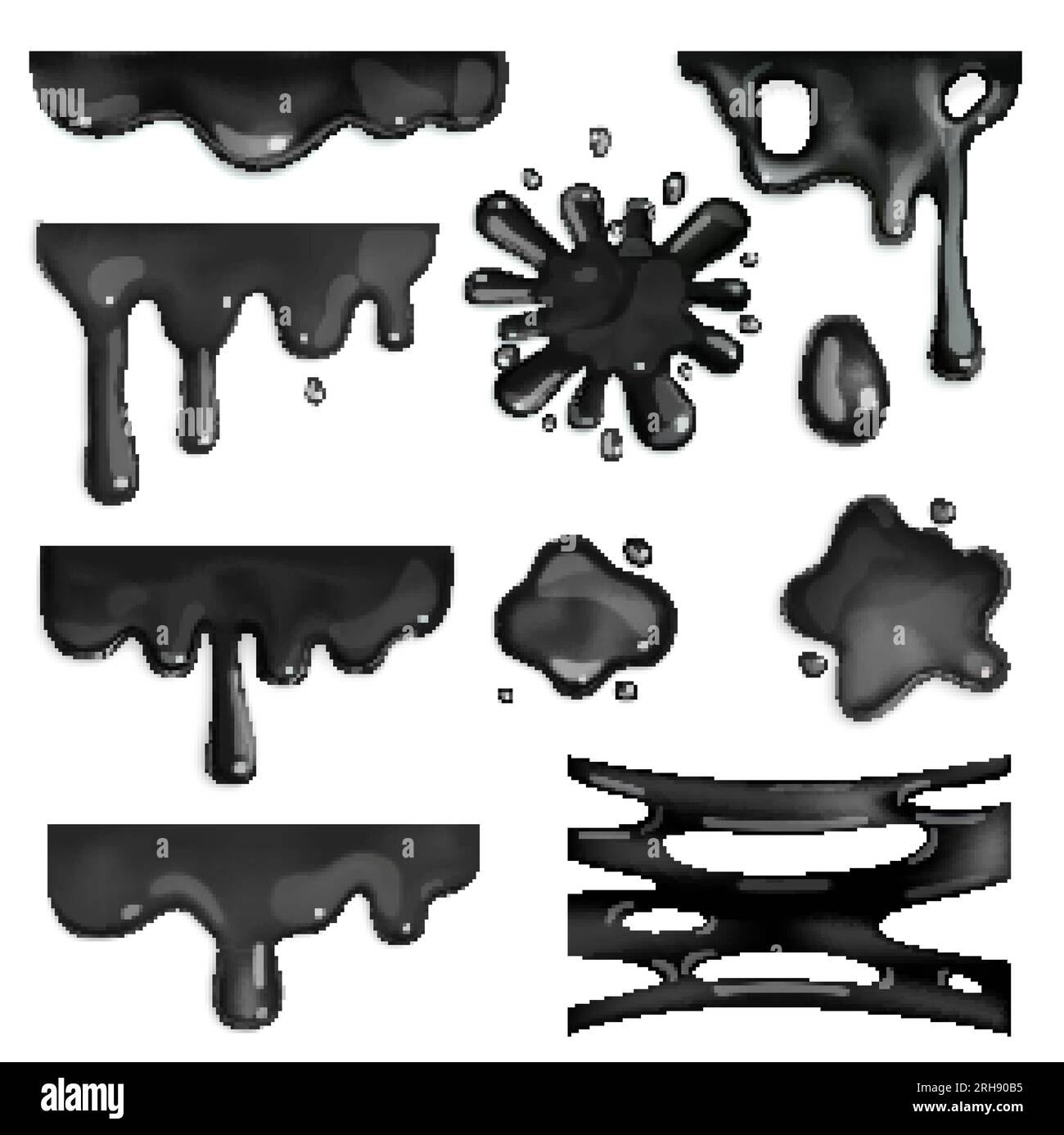 Realistic black slime icons set with liquid splashes and blotches ...