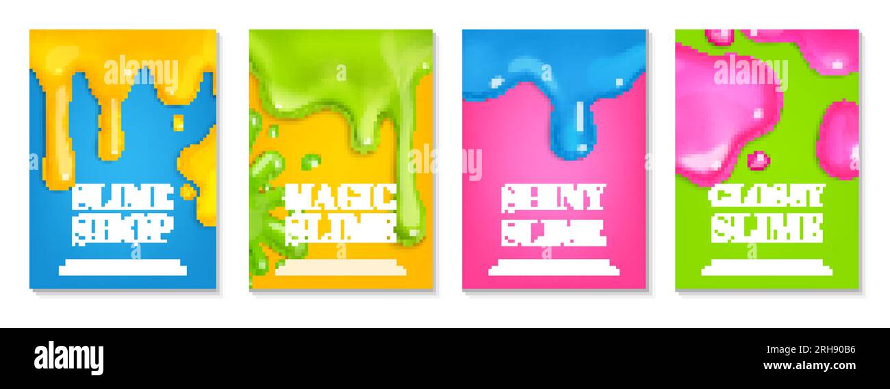 Realistic slime poster set with colorful liquid drops isolated vector ...