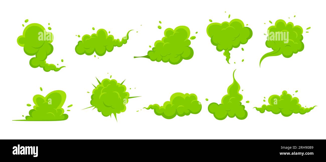 Smelling green cartoon smoke or fart clouds flat style design vector ...