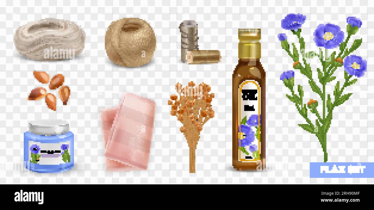 Realistic flax product icons set with fabrics seeds and cosmetic items ...