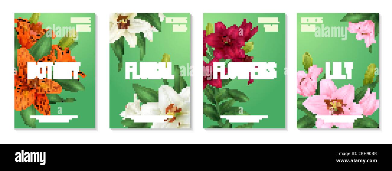 Realistic lily poster set with multicolored flowers isolated vector ...