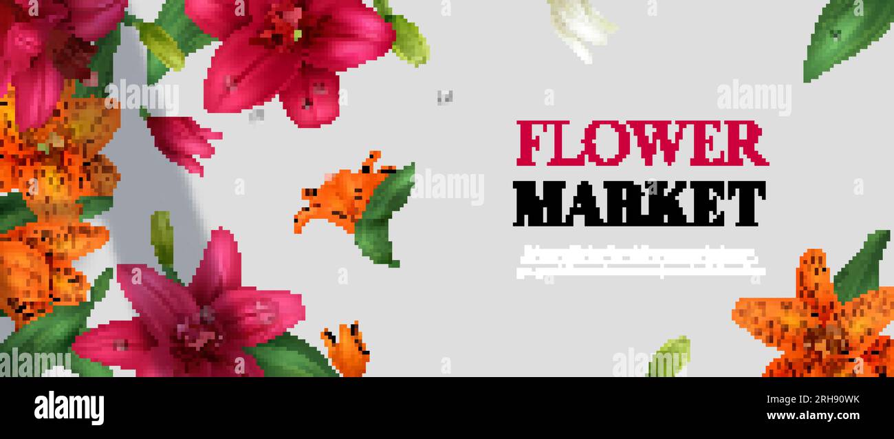 Realistic flower market poster with different colored lily blossoms ...