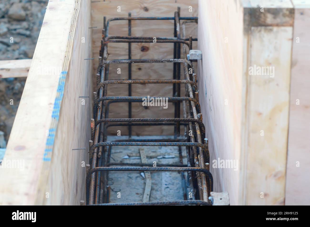 Close-up of reinforcement cage placed inside shutter and ready to be ...
