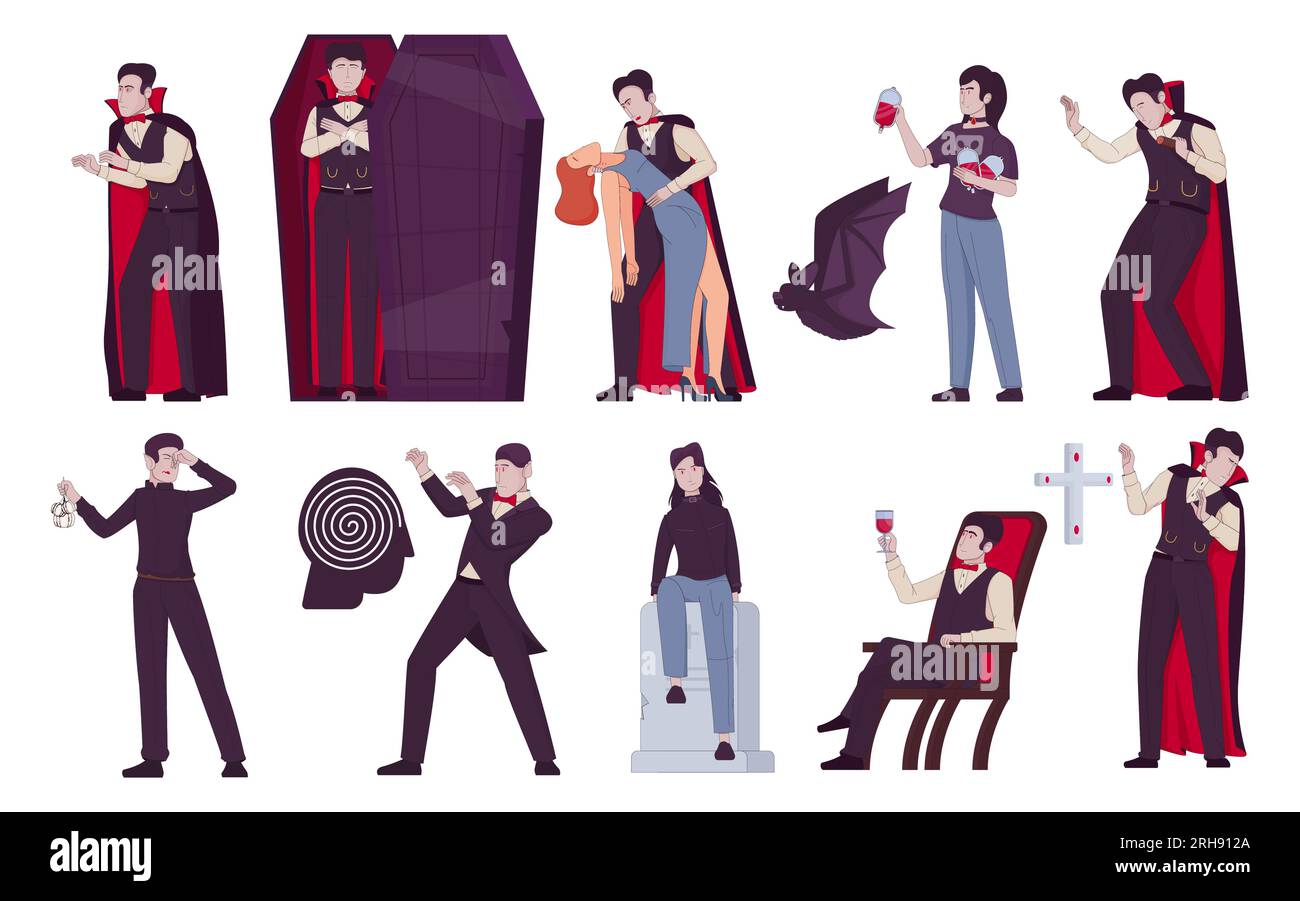Vampire bat flat set of isolated icons with characters of undead men ...